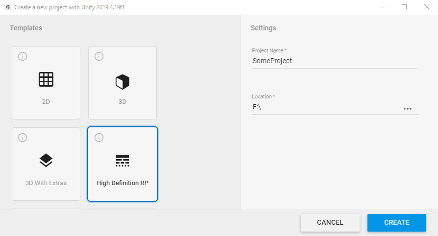 Окно создателя проекта Unity Hub.