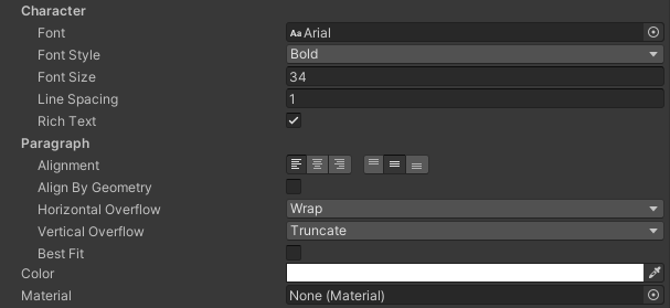 Инспектор текстовых компонентов Unity Размер шрифта Arial Bold 34
